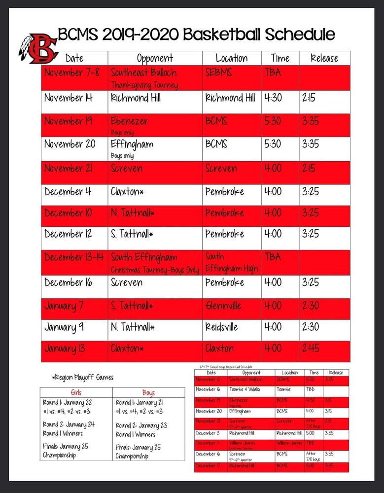 Updated Basketball Schedule Bryan County Middle School
