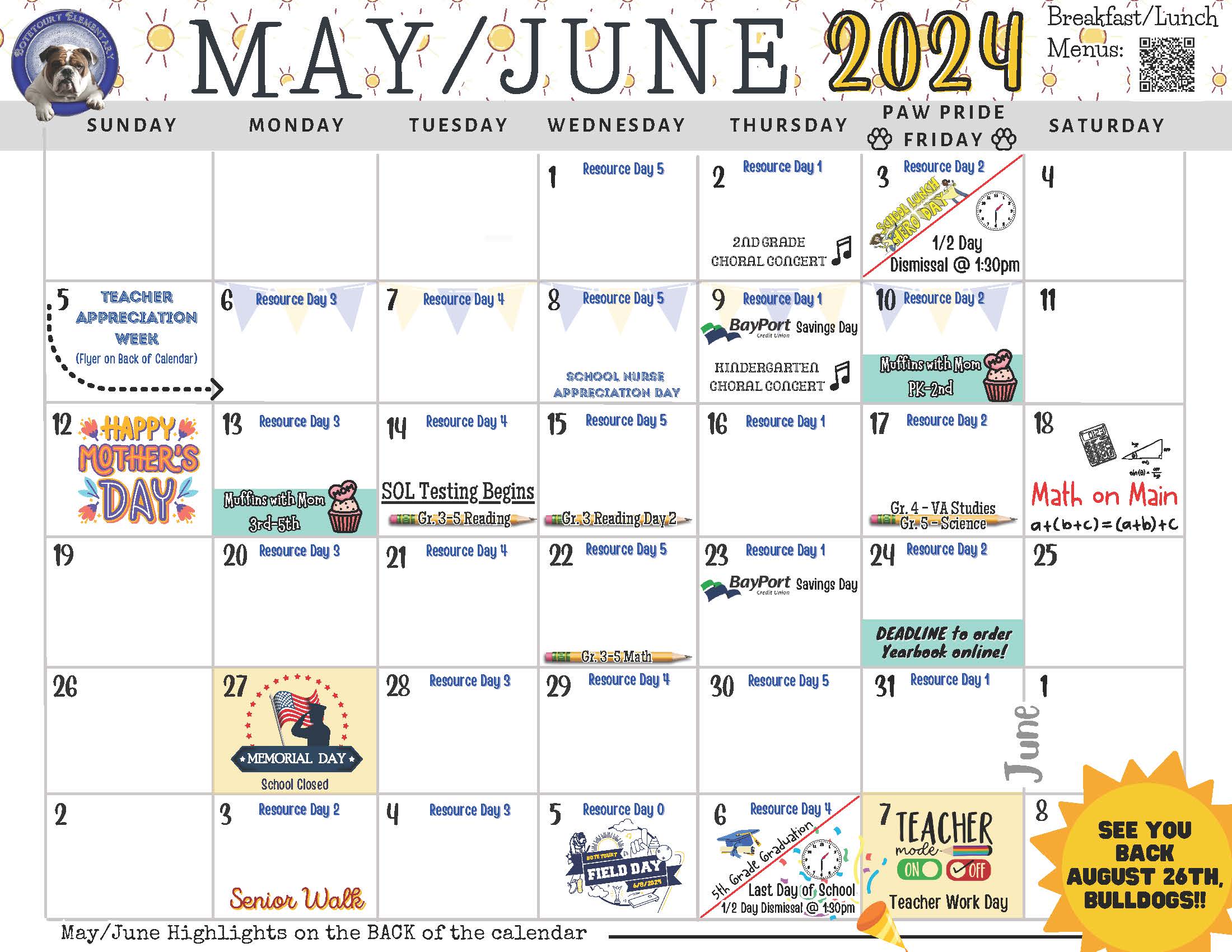 May and June Monthly Calendar | Botetourt Elementary School